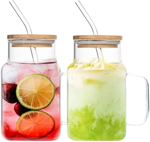 Amazon.com: ONEHAUS 20oz Clear Square Glass Cups with Bamboo Lids and ...