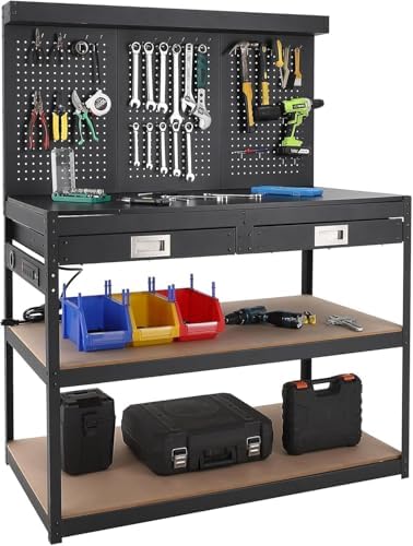3-Tier Workbench with 2 Drawers, 48"x 24" Work Table for Garage, Heavy ...