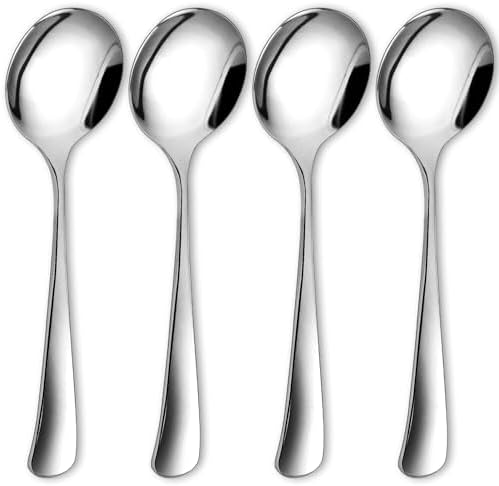 7.5" Stainless Steel Soup Spoon Set of 4, Small Round Deep Bowl Dinner ...