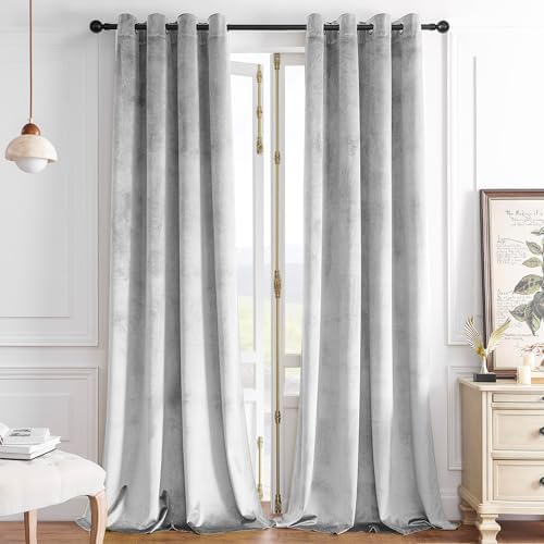 Timeper 120 inches Long Velvet Curtains - Silver Grey Blackout Window ...