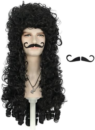 Amazon.com: VGbeaty Long Curly Black Synthetic Wig With Mustache For ...