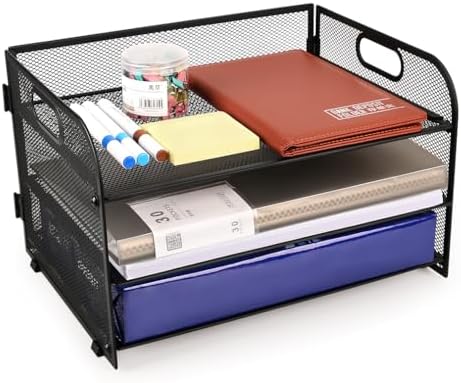 A4 Paper Tray - 3 Tier Black Mesh Desk Organizer, Stackable Letter ...