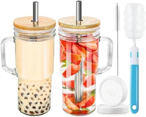 Amazon.com: Glass Cups with Bamboo Lids and Straws,24oz Tumbler With ...