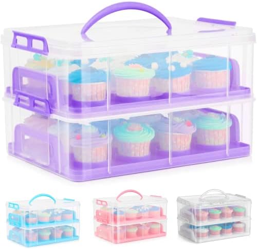 VonShef Cupcake Carrier with Handle, Two Tier Stackable Cup Cake Box ...