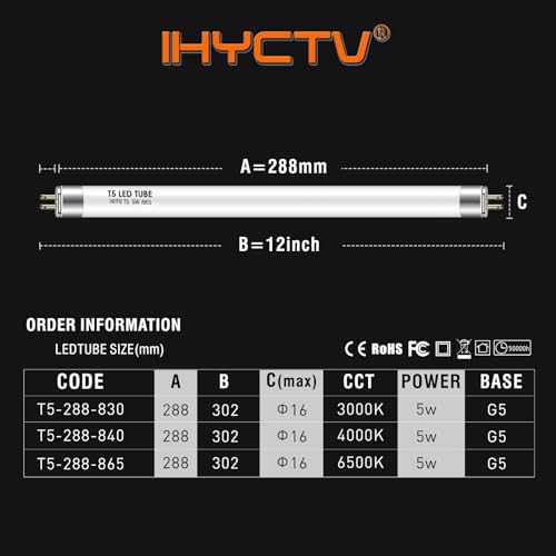 IHYCTV T5 LED Tube 12 Inch F8T5 288 mm LED Bulb, 5W, 685 lm, 4000K, G5 ...