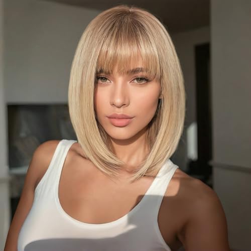Amazon.com : WIGYY Ash Blonde Bob Wig for White Women with Bangs ...