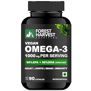Forest Harvest Plant Based Vegan Omega-3, 6, 7, 9 | 90 Veg Capsules | Enriched with 98% EPA & 98 ...