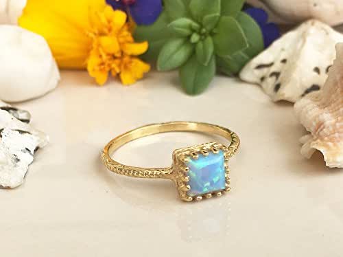 Amazon.com: Blue Opal Ring - October Birthstone - Square Ring - Simple ...