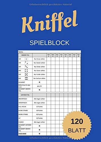 Amazon | Kniffel Block: A4 Gross Wuerfelspiel Gewinnblatt Block | 120 ...