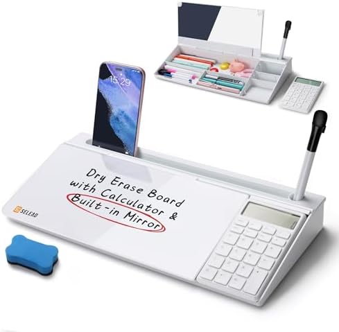 SELEAD Desktop Glass Whiteboard with Calculator & Built-in Mirror, Desk ...