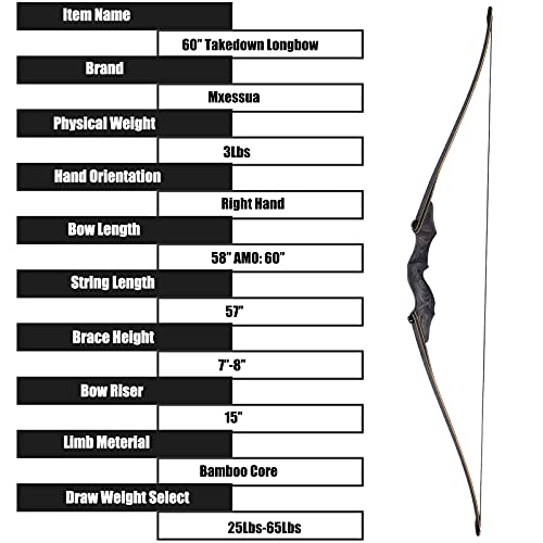 Mxessua Takedown Longbow AMO 60 inches Bamboo Core Limbs Right Handed ...