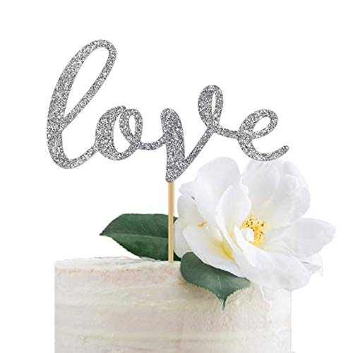 Amazon.com: Silver Glitter 'Love" Script Cake Topper, Wedding ...