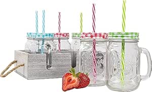 M.T. BROTHERS Glass Mason Jars with Handles, Lid and Straw | Old Fashioned Drinking Glasses for ...