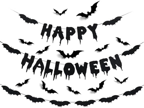Amazon.com: Black Glitter Happy Halloween Banner - Halloween Hanging ...