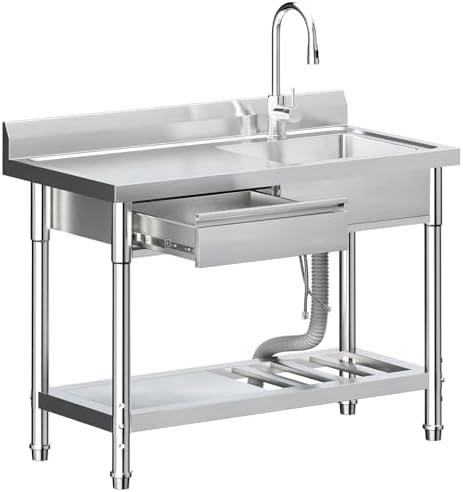 Utility Freestanding Kitchen Sink with Hot and Cold Water Pipe,Drawer ...