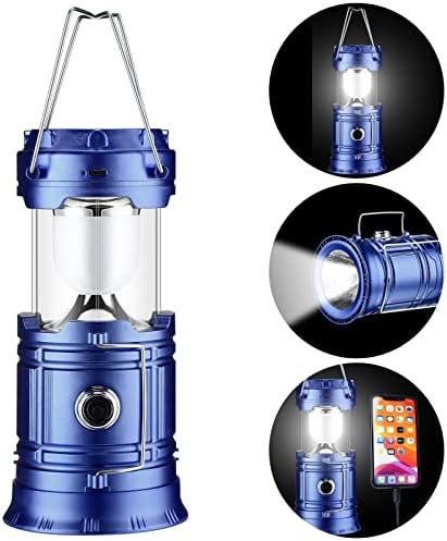 LED Camping Lights Solar Camping Lantern USB Rechargeable Lamp with 1000mA Battery Retractable ...