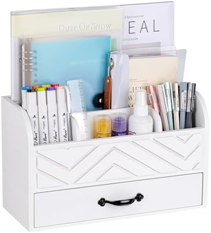 Amazon.com: White Wooden Desk Organizer with Drawers - Stylish Desktop ...