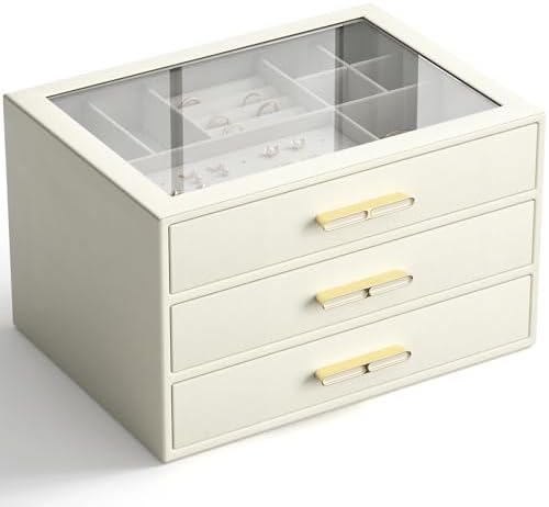 Amazon.com: Vlando Jewelry Box for Women, Glass Lid Jewelry Organizer with 3 Drawers for ...