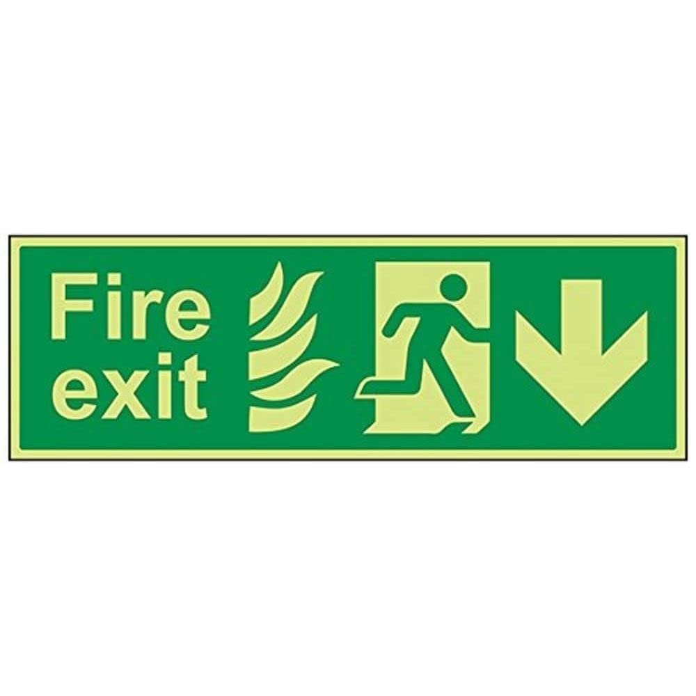 V Safety Glow In The Dark NHS Fire Exit Arrow Down Sign – 600mm x 200mm ...