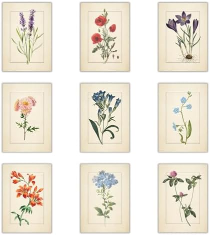 Amazon.com: Vintage Flower Wall Art Set of 9 - 8x10 inch Botanical ...