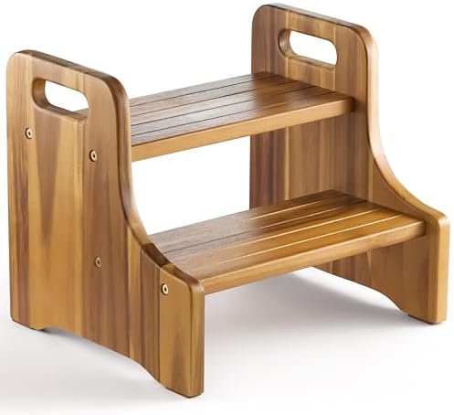 Amazon.com: Wooden Two Step Stool for Adults and Kids, Bed Stepstool ...
