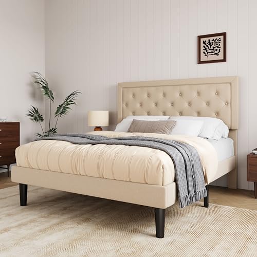 Amazon.com: Allewie Queen Size Button Tufted Platform Bed Frame/Fabric ...