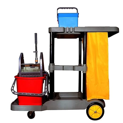 BEPL Commercial Cleaning Trolley with 3 Buckets, Fold-Away Bin and Mop ...