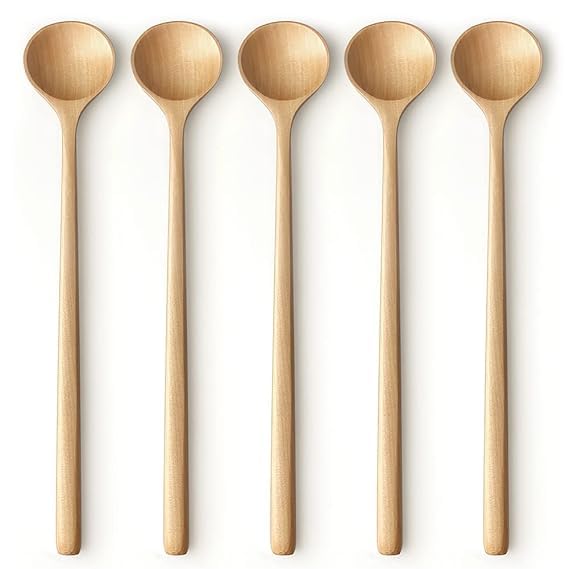 BrosMoon Long Spoons Wooden, 5 Pieces Korean Style 10.9 inches Natural ...