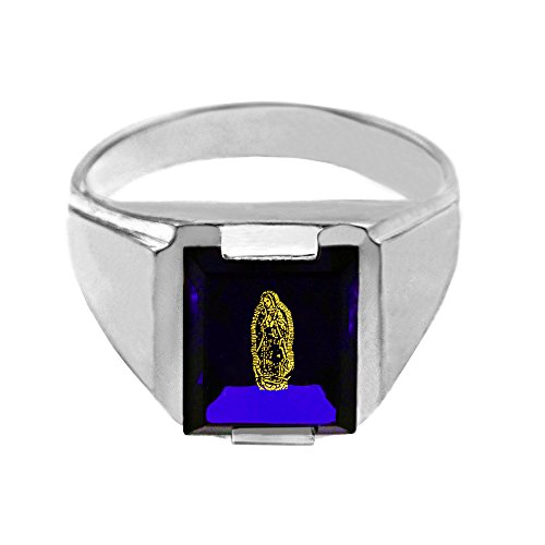 Men's 925 Sterling Silver Blue Stone Square and Our Lady of Guadalupe ...