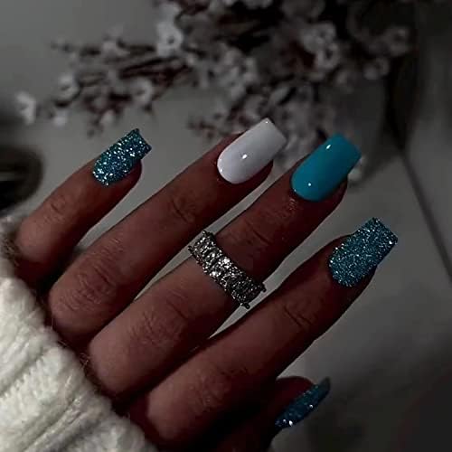 Amazon.com: 24Pcs Coffin Press on Nails Short Square French Fake Nails Blue Glittering Sequins ...