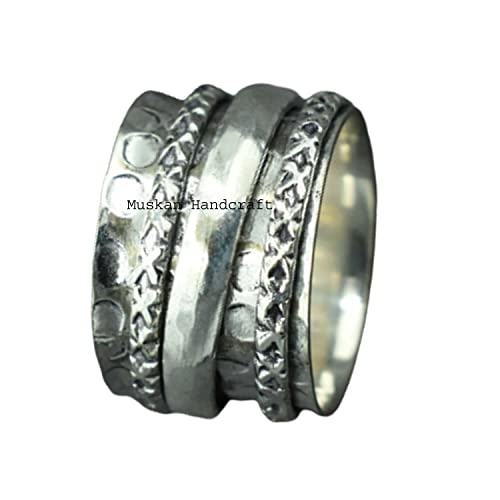 Amazon.com: Pure 925 Sterling Silver Boho Band Hammered Spinner Ring ...