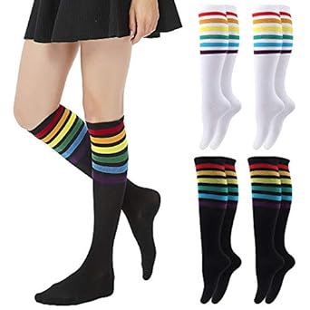 Calnow 4 Pairs Rainbow Socks, Colorful Rainbow Striped Knee High Socks ...