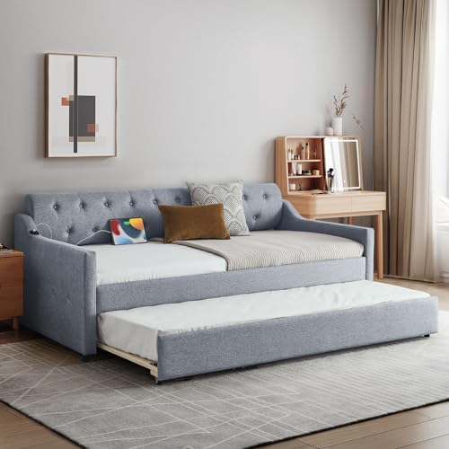 Amazon.com: Antetek Daybed with Pop Up Trundle, Modern Button Tufted ...