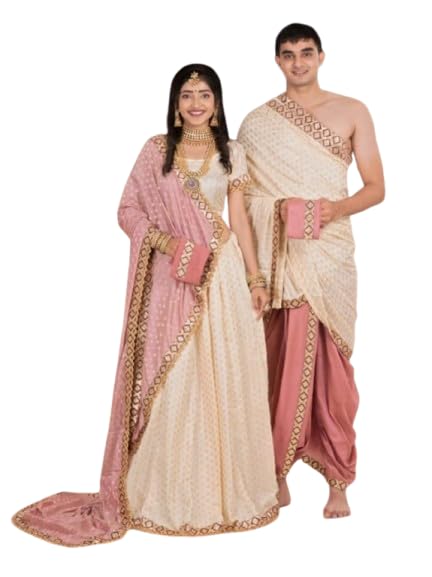 Traditional Indian Jain Pooja Dress Set for Couples, Pink and Cream ...