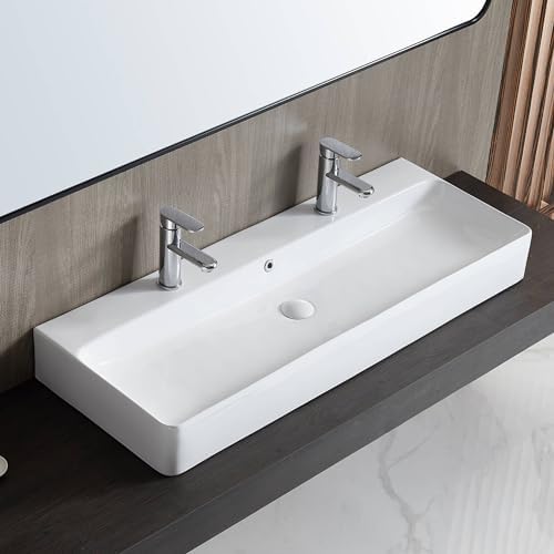 Eridanus Bathroom Sink Rectangle 43" x 16", Two Hole Vitreous Ceramic Vessel Sink, Countertop ...