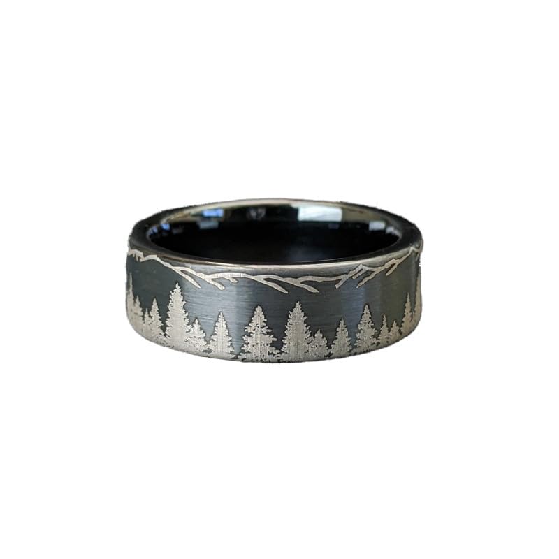 Amazon.com: Black Tungsten Rings for Men with Forest Tree Etched ...