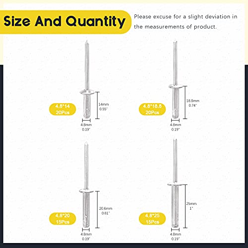 Mardatt 70 Pcs Flange Aluminum Blind Rivet Assortment Set, Sliver Large ...
