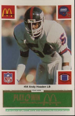 Andy Headen "New York Giants" McDonald's NFL Play & Win 1986 Football ...