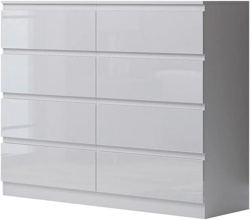 FWStyle Modern Bedroom Furniture Chest of Drawers, XL 8 Drawer Chest, Matt White with White ...