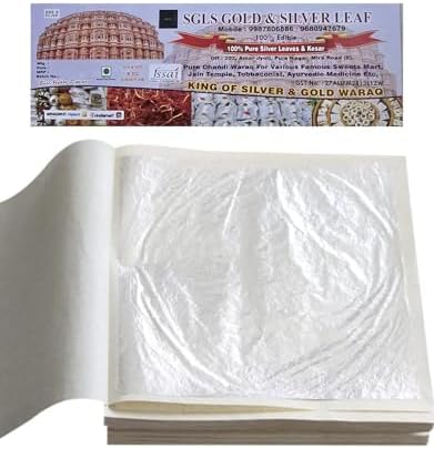 Edible Silver Leaf 99.9% Pure Silver Leaf, Chandi Varakh Foils 15pcs 6 ...