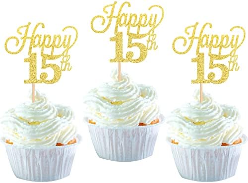 Amazon.com: Gyufise 24Pcs Sweet 15 Cupcake Toppers Gold Glitter Number ...