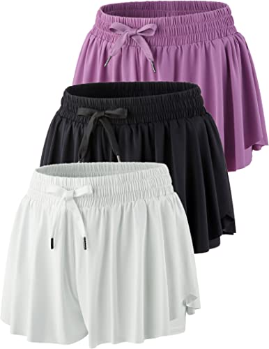 3 Pack Womens Flowy Running Shorts, 2-in-1 Butterfly Skirts with Shorts ...