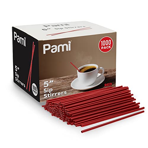 Pami 일회용 커피 레드 Sip 교반기 및 빨대1000개 밸류 팩 음료용 플라스틱 칵테일 교반기 5개 뜨거운 음료
