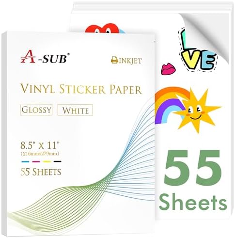 Amazon.com : A-SUB 55 Sheets Vinyl Sticker Paper for Inkjet Printer ...