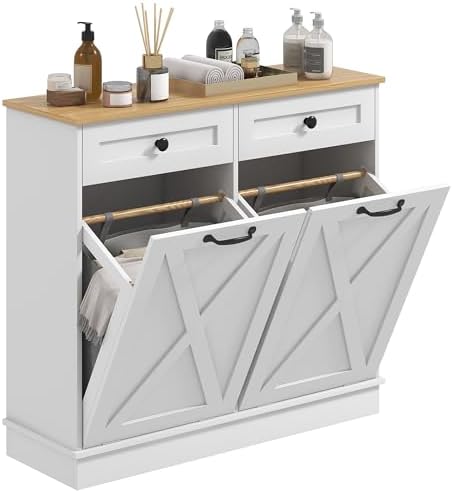 HOMCOM Laundry Cabinet With Double Hamper, 2 Removable Baskets and 2 ...