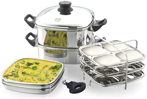 JVL Tri-Ply Base Stainless Steel Square Steamer Combo with Lid, 3 Idli ...