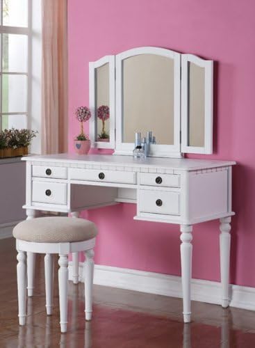 Amazon.com: Vanity Set with 3 Fold Mirror, Stool and Drawers in White ...
