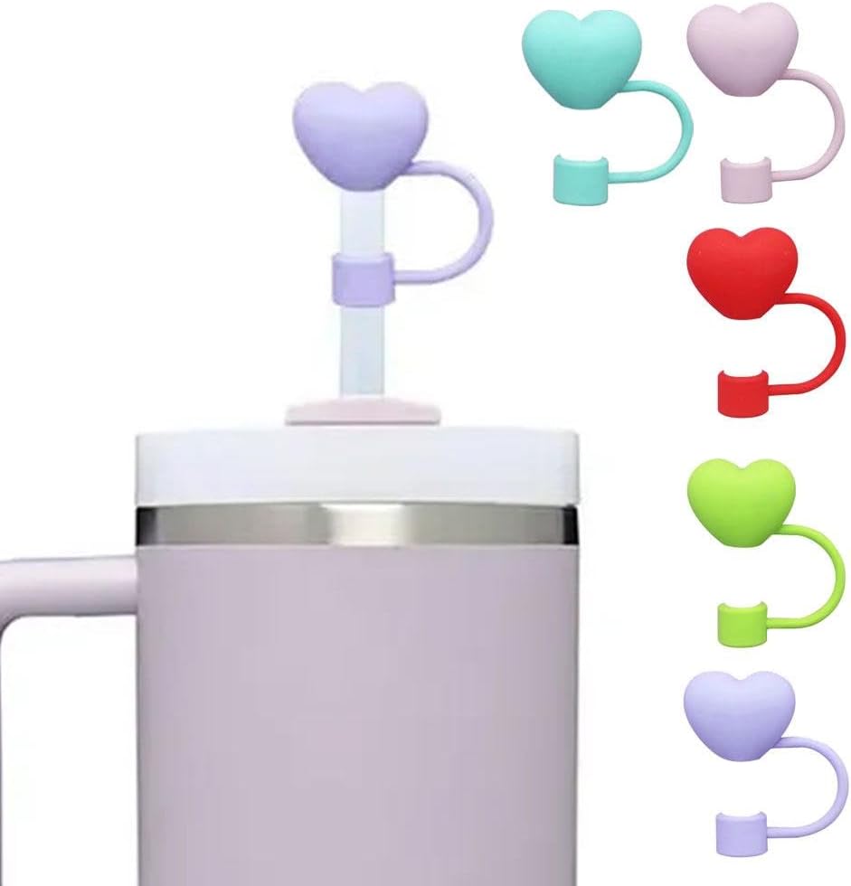 Amazon.com: GEKUPEM 5Pcs Cute Heart-shaped Straw Cover Cap for Stanley Cup, Reusable Silicone ...