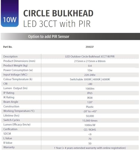 Bright Source Outdoor 10w LED Black Circle Bulkhead Black, IP44, 1000lm ...