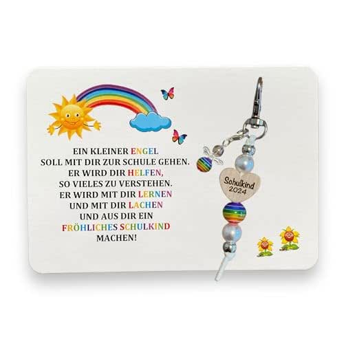 Geschenk Einschulung 2025 Karte Schulkind Schlüsselanhänger Schutzengel Mutmacher Glücksbringer ...